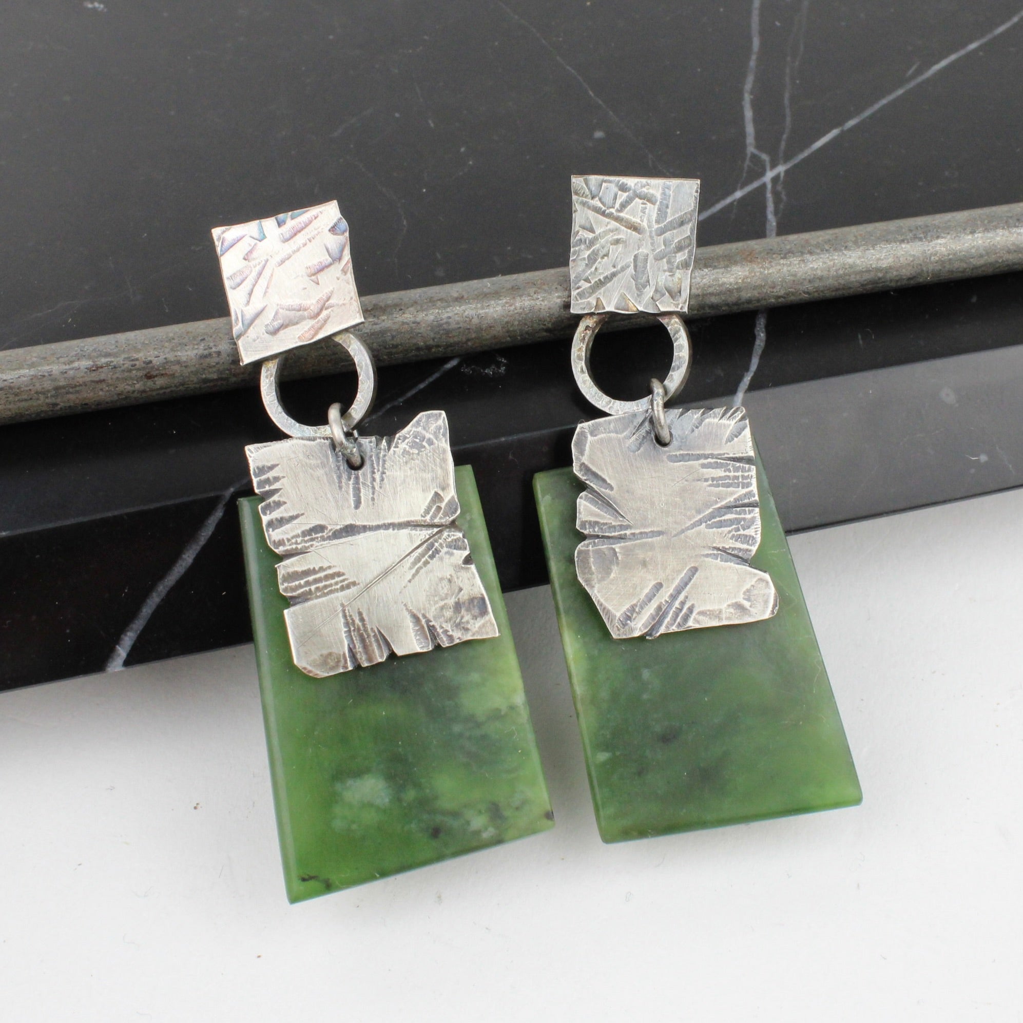 Rectangle Silver Greenstone Earrings – Kina NZ Design + Artspace